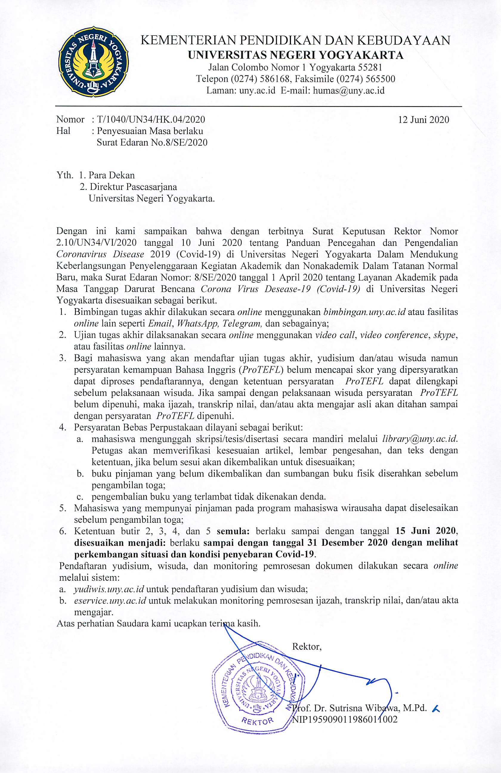 [UPDATE] PENYESUAIAN SURAT EDARAN NO 8/SE/2020 tentang Layanan Akademik ...